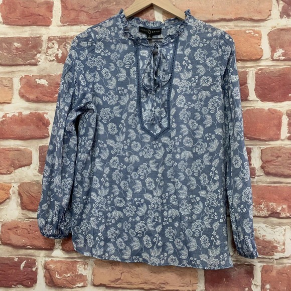 Fred David | Tops | Fred David Top Womens Medium Blue White Floral ...